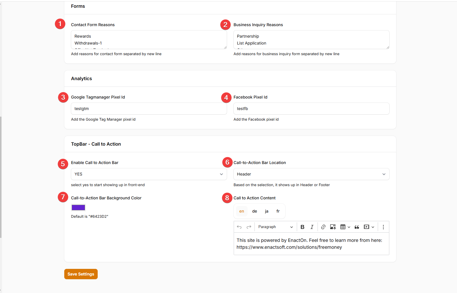 Forms Section, Analytics Section and TopBar - Call to Action Section ...